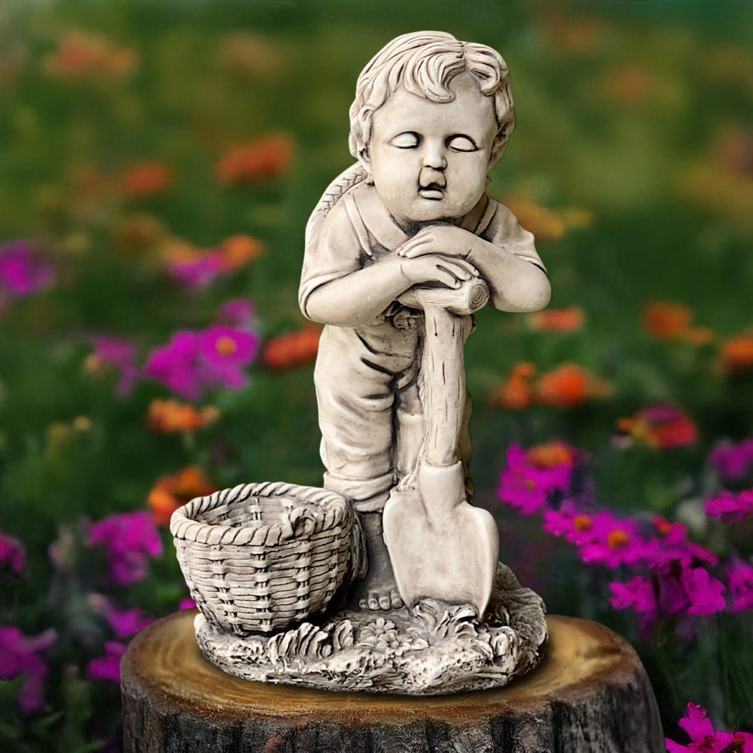 Concrete Boy Statue With Shovel and Basket Cement Child Sculpture ...