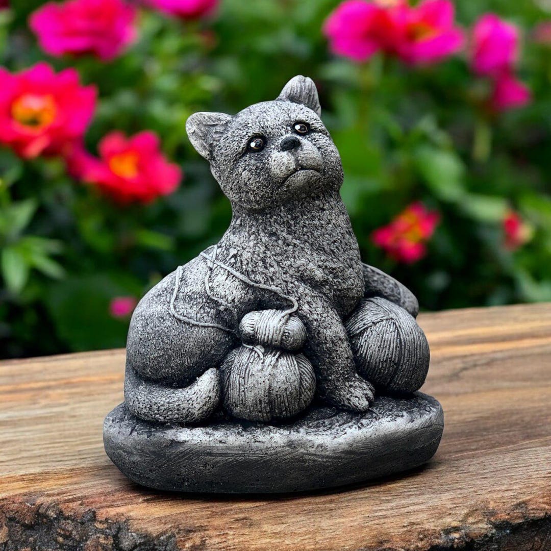 Concrete Cat Statue With Yarn Ball Handmade Kitten Figurine Stone Pet ...
