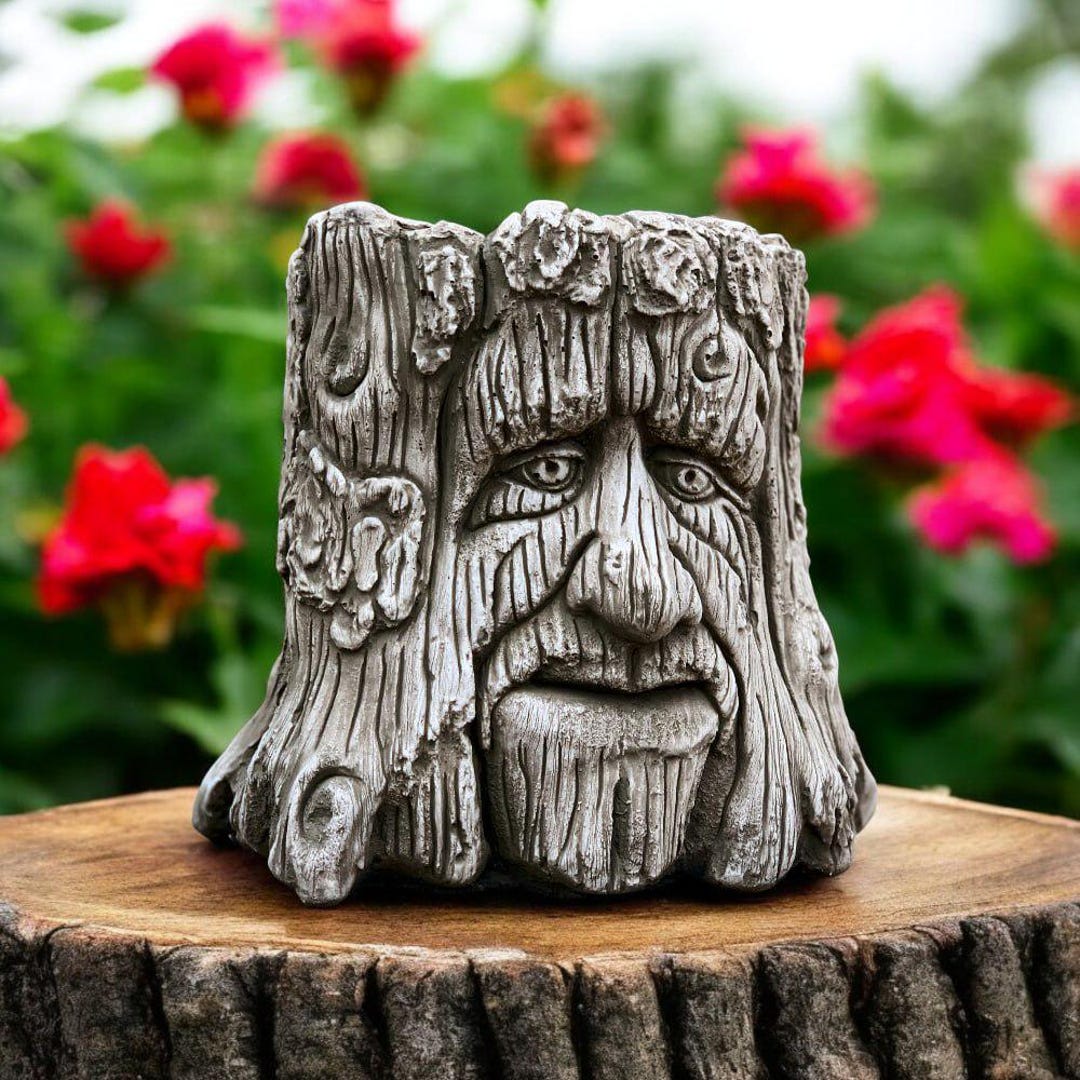 Concrete Tree Face Sculpture Stone Wood Spirit Figurine Garden Stump ...