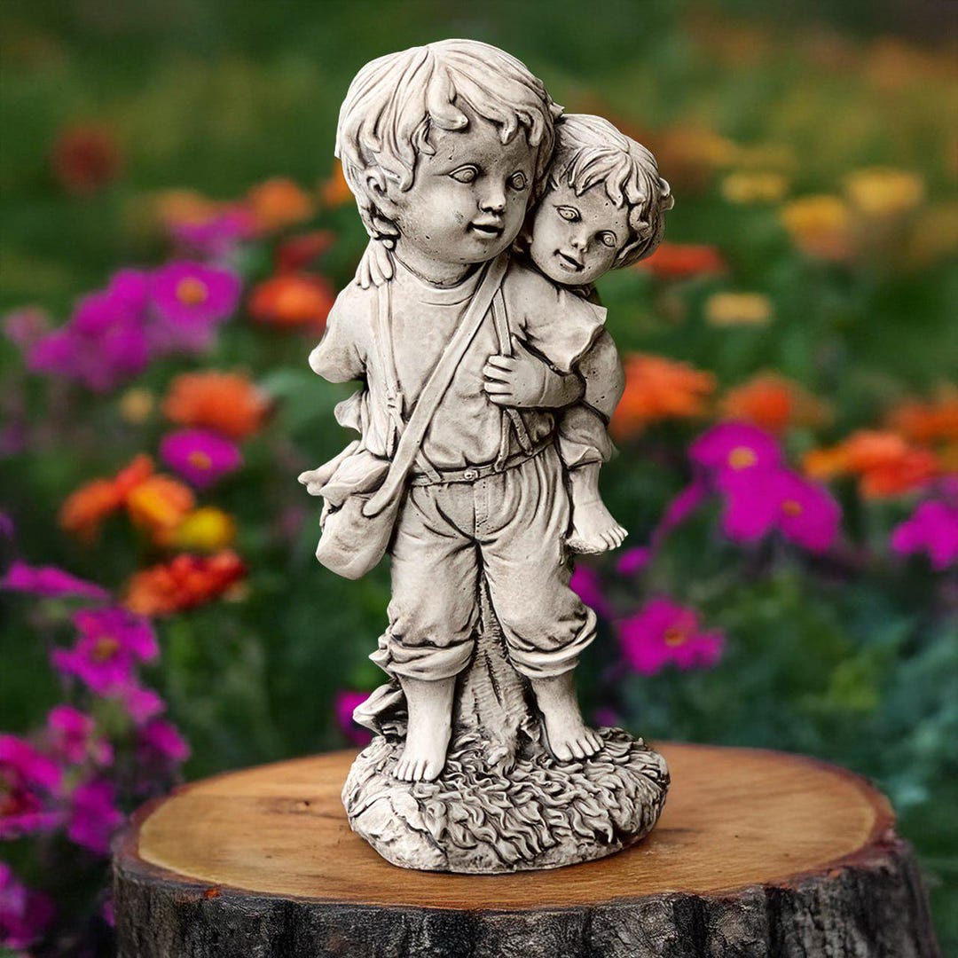 Stone Children Statue Concrete Girl and Boy Figurine Childhood Scene ...