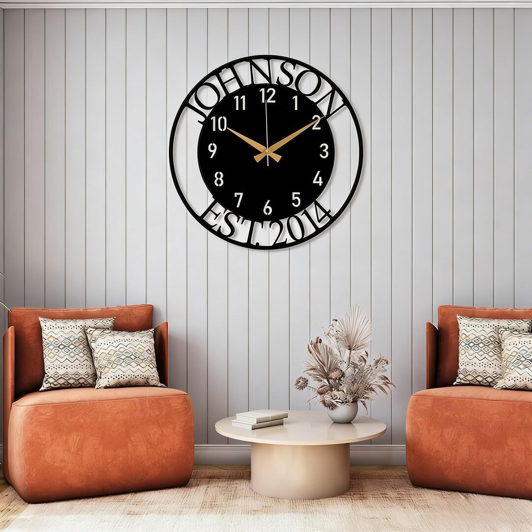 Custom Name and EST Large Metal Wall Clock, Silent Clock for Wall ...