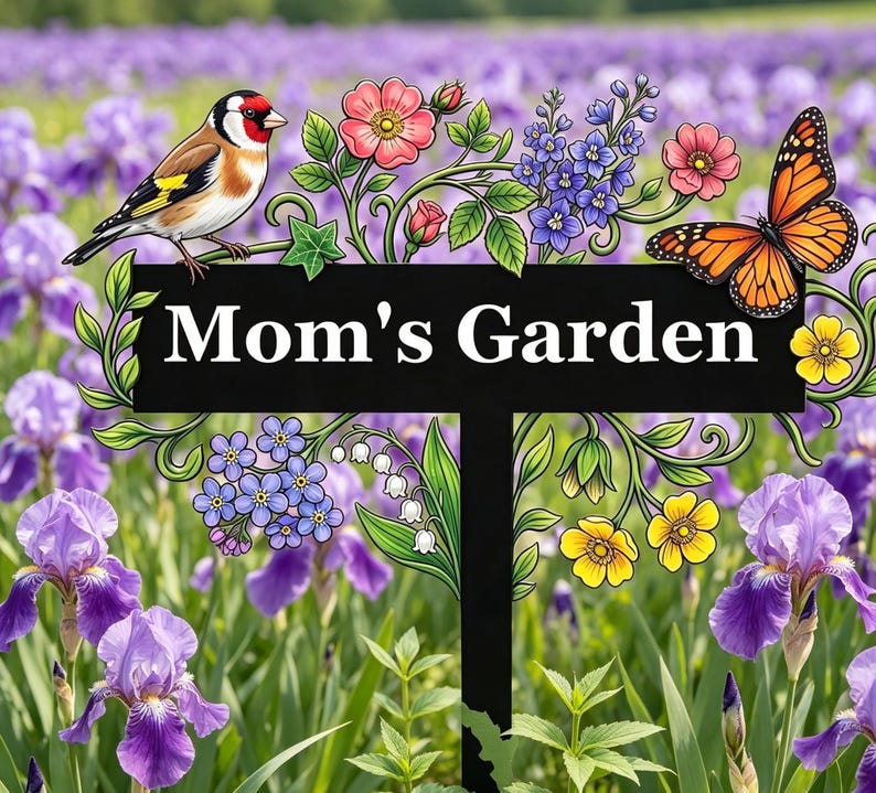 Custom Colorful Metal Garden Sign With Flowers: Personalized Bird ...