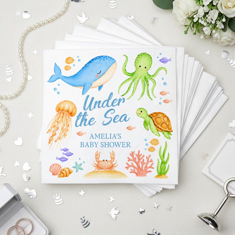 Under the Sea Baby Shower Napkins, Ocean Theme Party Decor, Custom ...