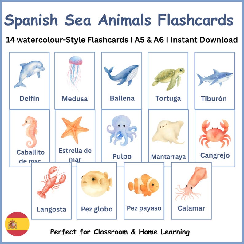 Spanish Sea Animals Flashcards | Tarjetas De Animales Marinos En ...