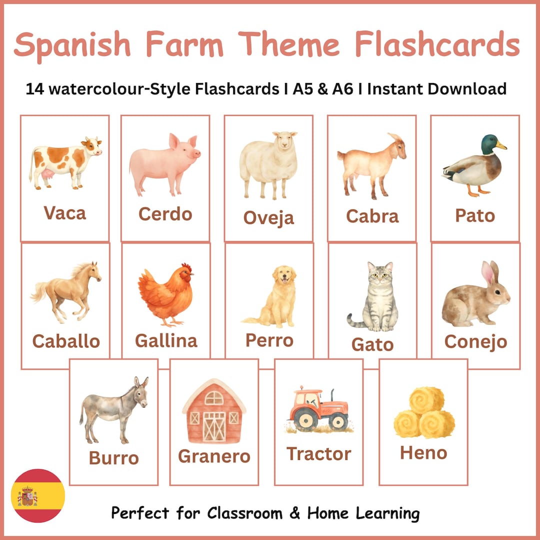 Spanish Farm Animals Flashcards | Watercolour Preschool Learning (A5 A6 ...