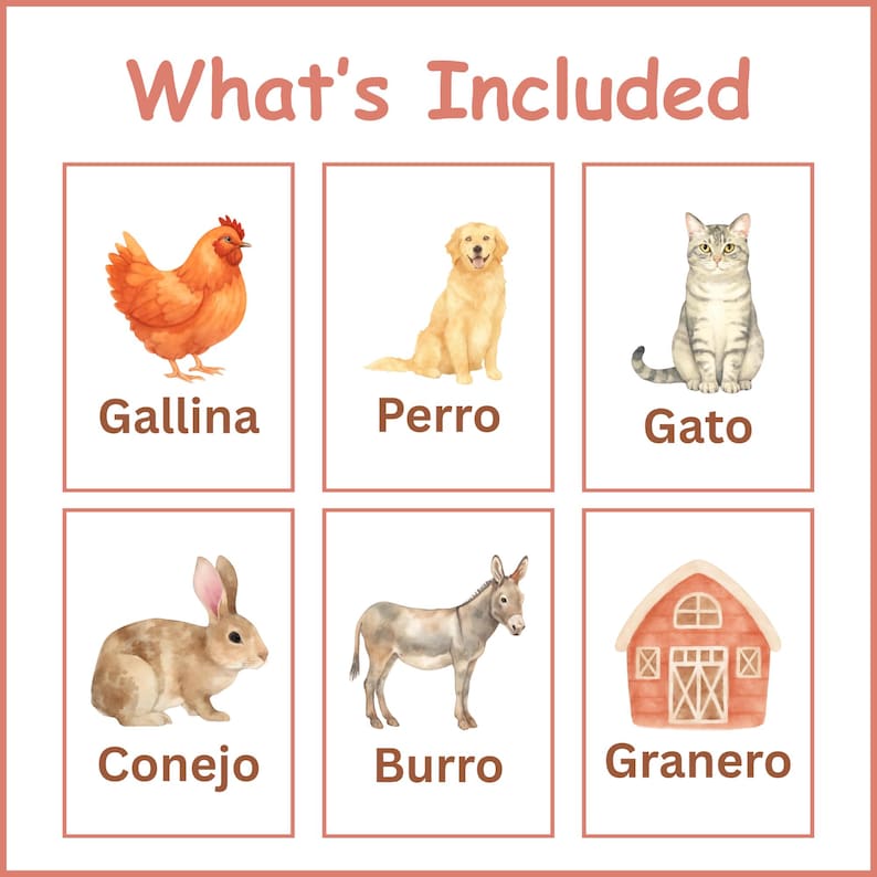 Spanish Farm Animals Flashcards | Watercolour Preschool Learning (A5 A6 ...