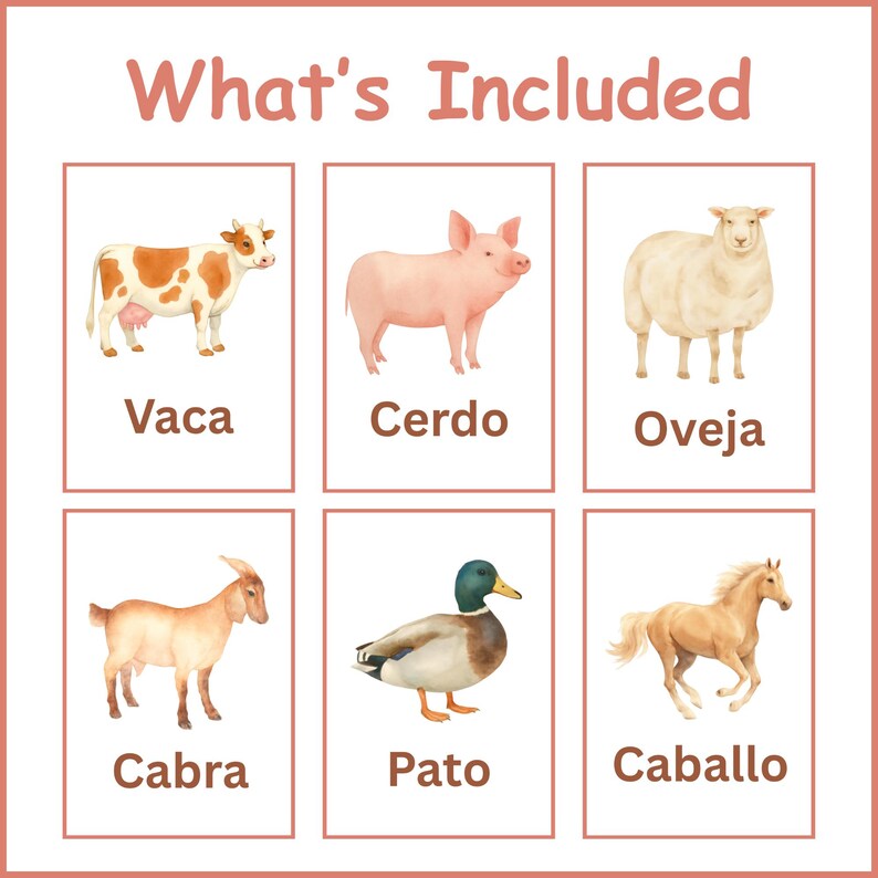 Spanish Farm Animals Flashcards | Watercolour Preschool Learning (A5 A6 ...