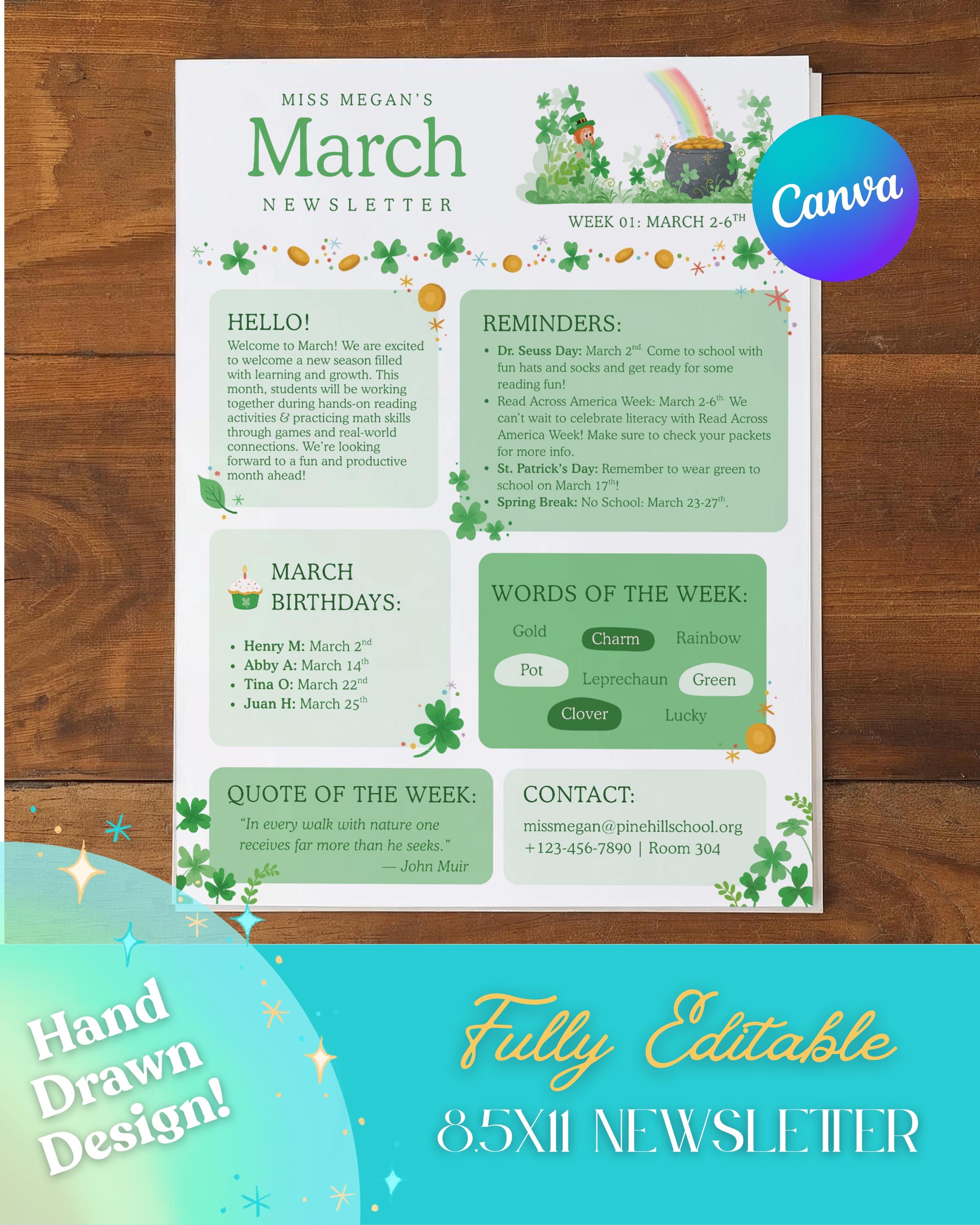 Classroom March Monthly Newsletter Canva Template | Editable Teacher ...