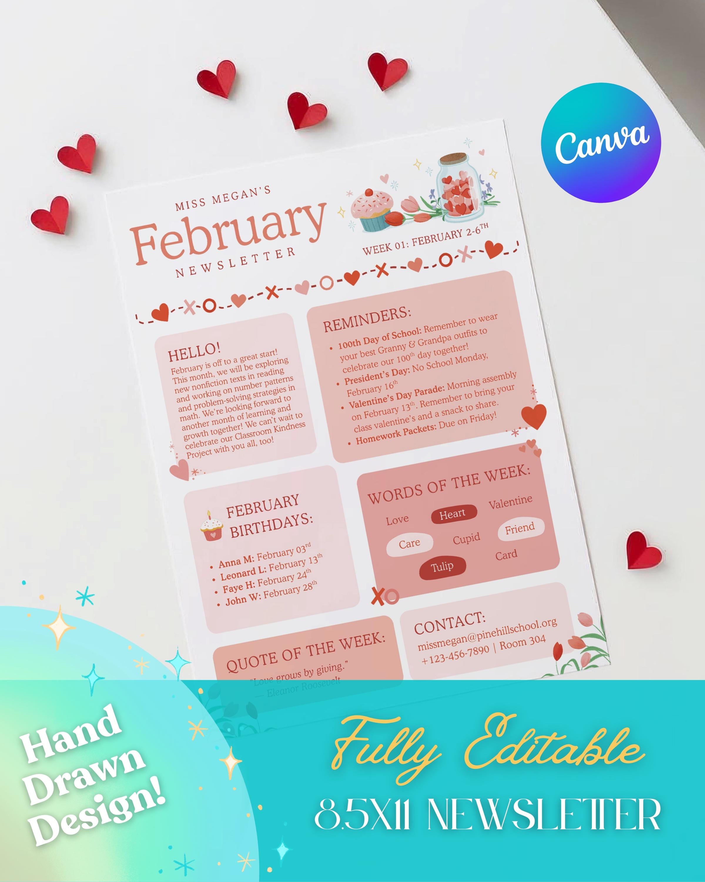Classroom February Monthly Newsletter Canva Template | Editable Teacher ...
