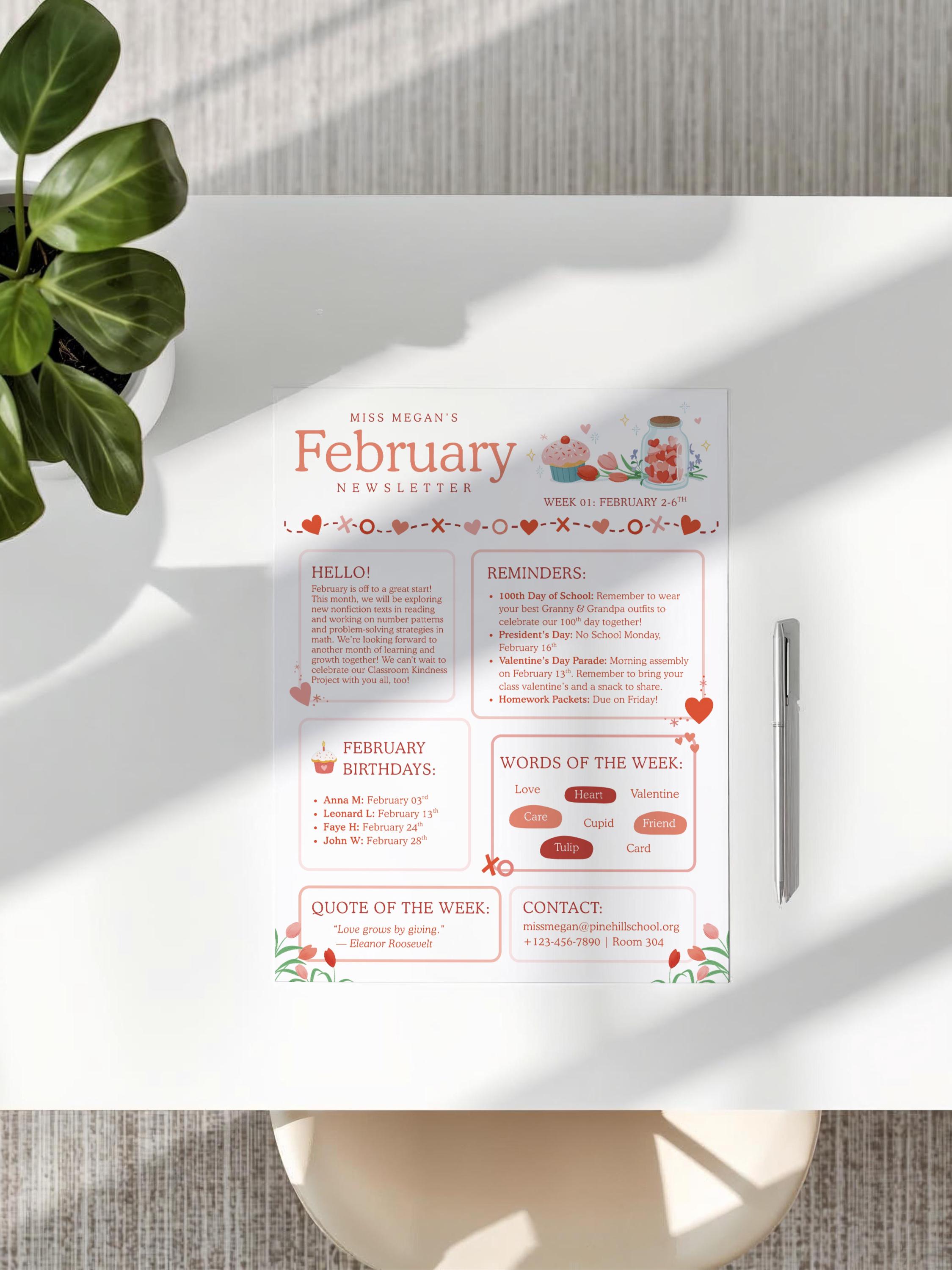 Classroom February Monthly Newsletter Canva Template | Editable Teacher ...