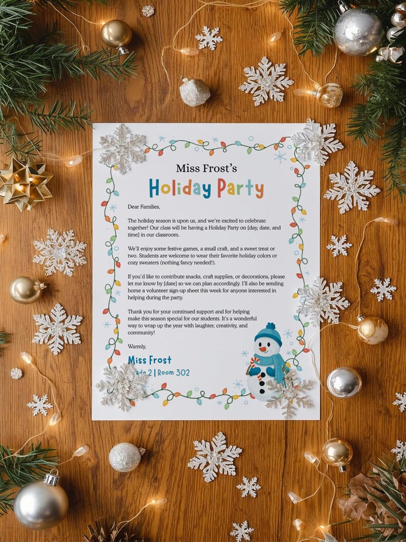 Holiday Classroom Party Letter Template, Editable Teacher Holiday ...