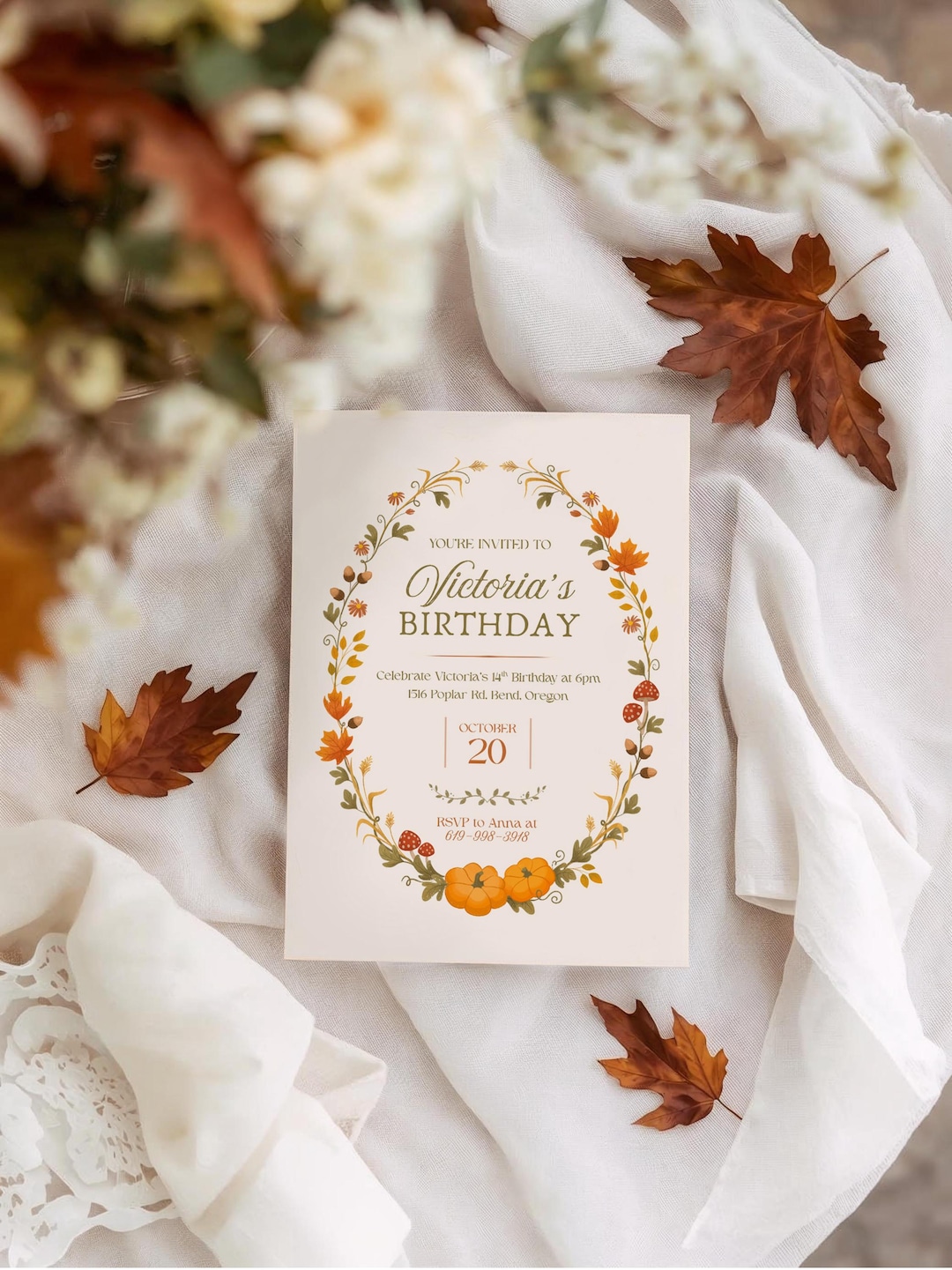 Fall Birthday Invitation Canva Template | Autumn Floral Digital Invite ...