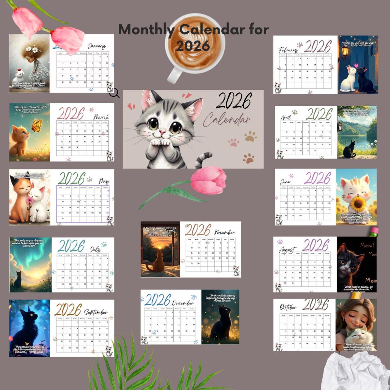 Printable Cute Cat Calendar 2026, Digital Calendar 2026, Editable Cat ...