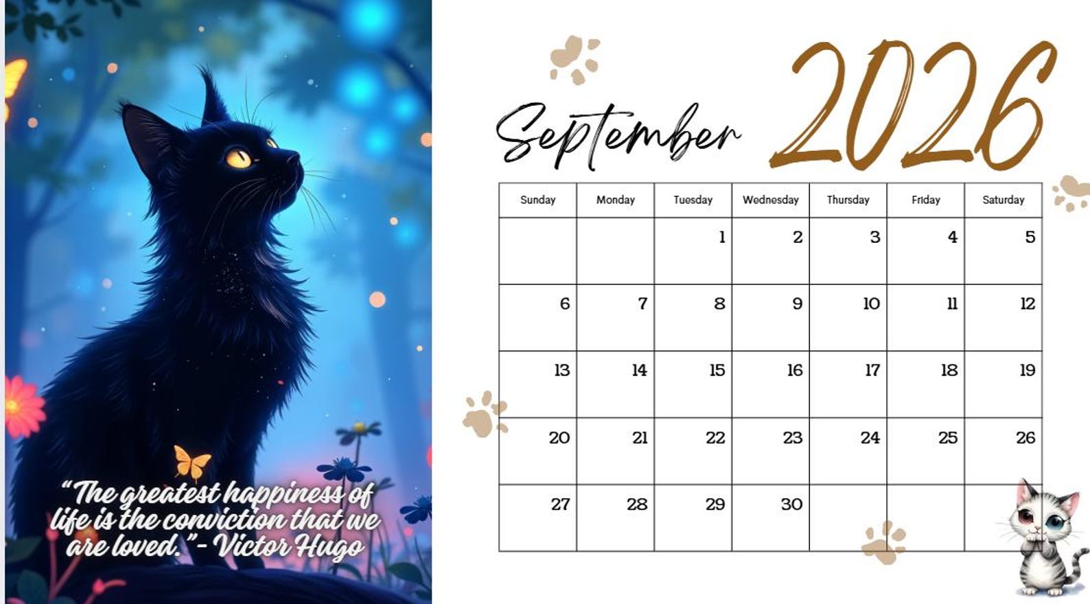 Printable Cute Cat Calendar 2026, Digital Calendar 2026, Editable Cat ...
