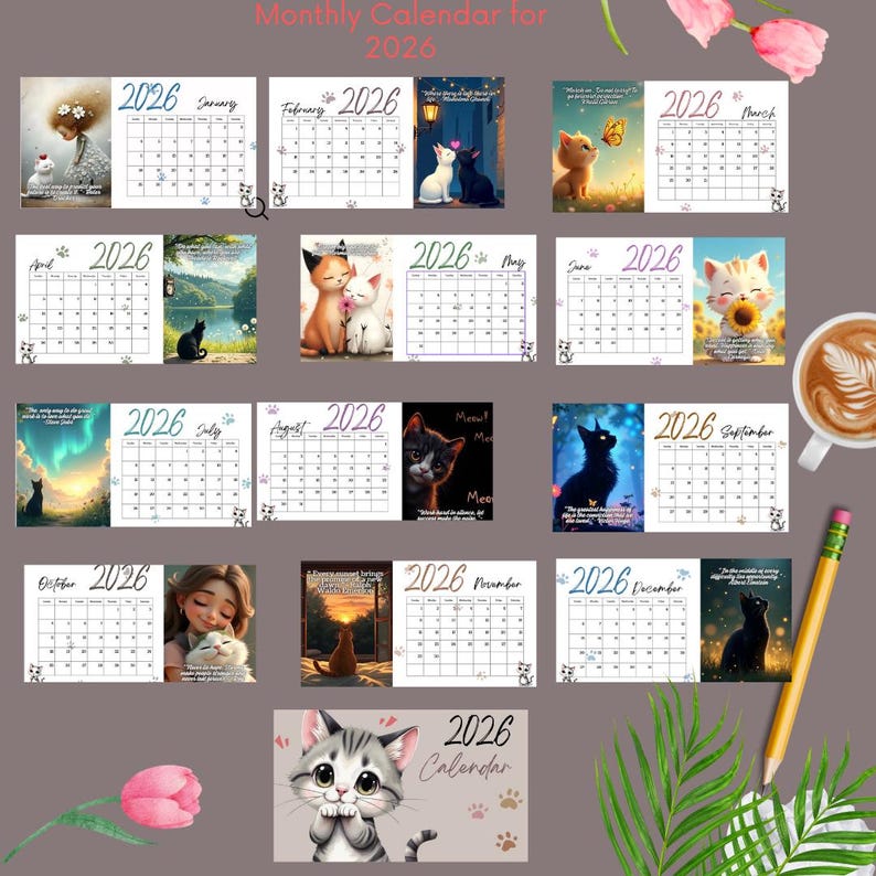 Printable Cute Cat Calendar 2026, Digital Calendar 2026, Editable Cat ...