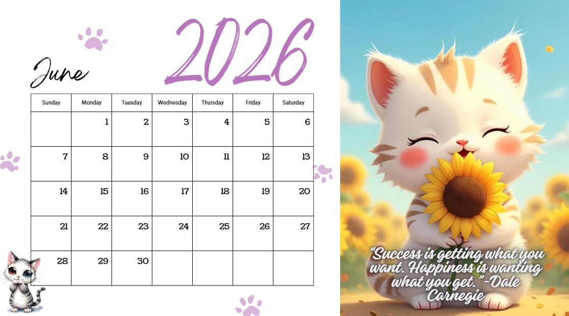 Printable Cute Cat Calendar 2026, Digital Calendar 2026, Editable Cat ...