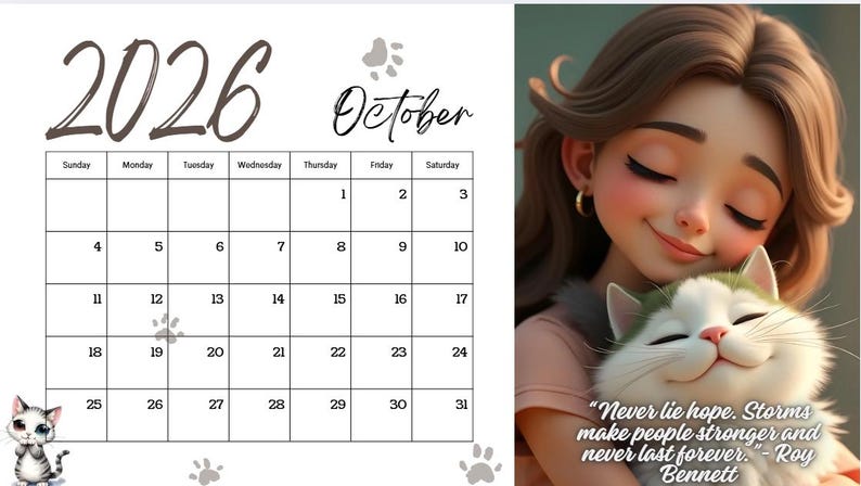 Printable Cute Cat Calendar 2026, Digital Calendar 2026, Editable Cat ...