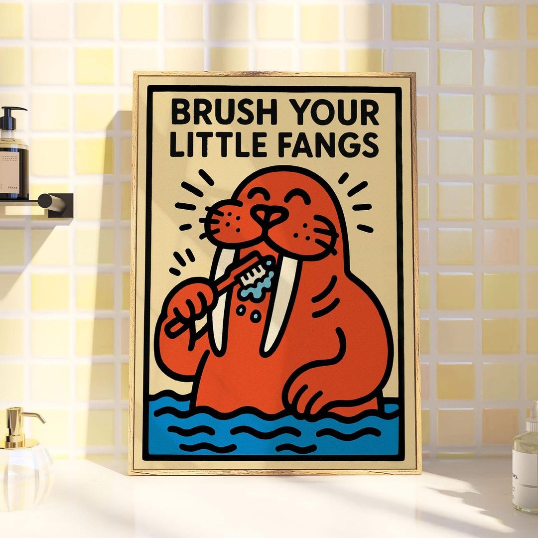 Funny Walrus Brushing Teeth Art, Kids Bathroom Decor (digital Download ...