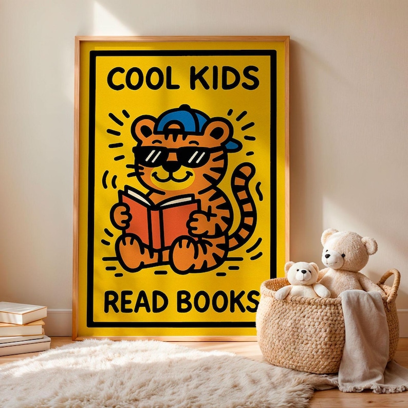 Cool Kids Read Books Poster DIGITAL DOWNLOAD, Cute Tiger Reading Wall ...