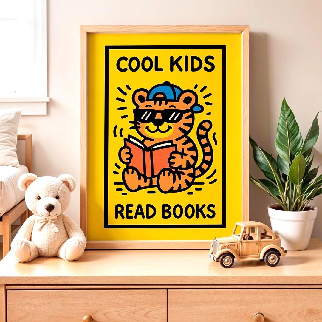 Cool Kids Read Books Poster DIGITAL DOWNLOAD, Cute Tiger Reading Wall ...