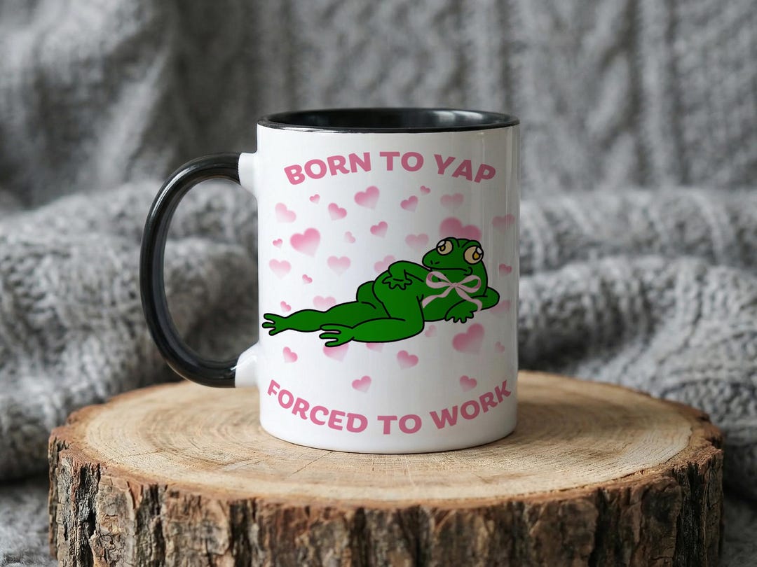 Ceramic Frog Mug With Born to Yap Forced to Work Print, Pink Hearts ...