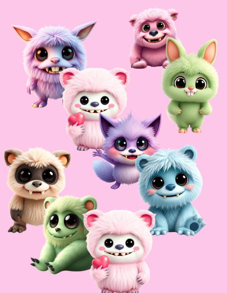 Cute Monster Clipart Set – Labubu-inspired | Kawaii Fantasy Creatures ...