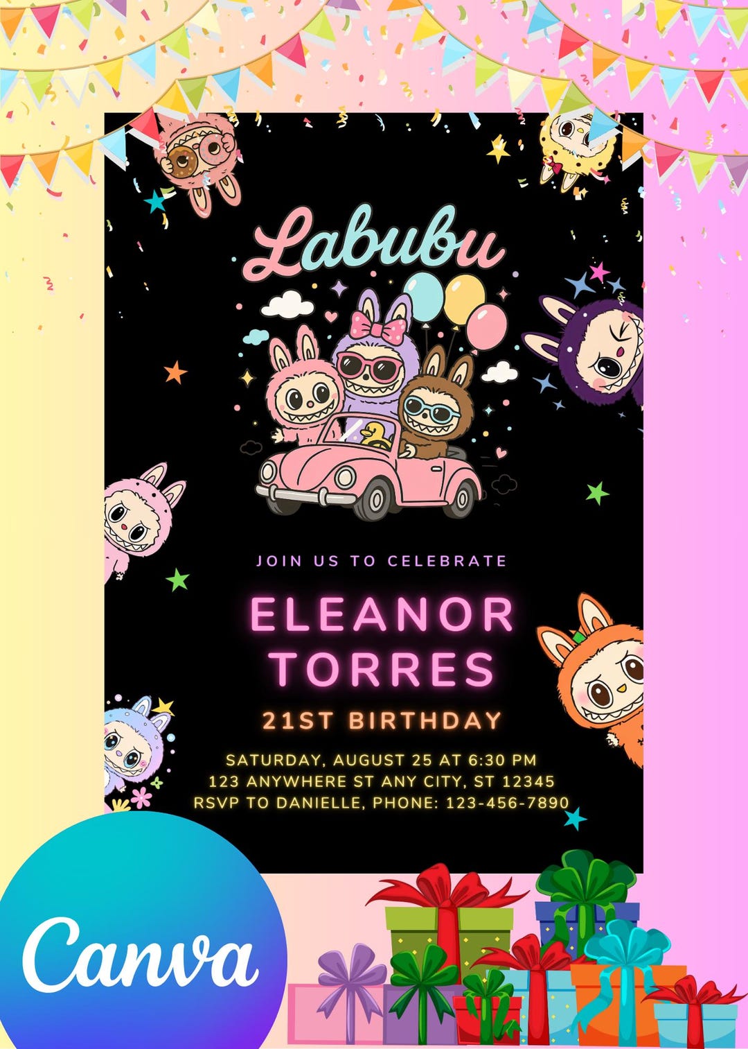 Labubu Birthday Invitation, Labubu Editable Template, Labubu Birthday ...