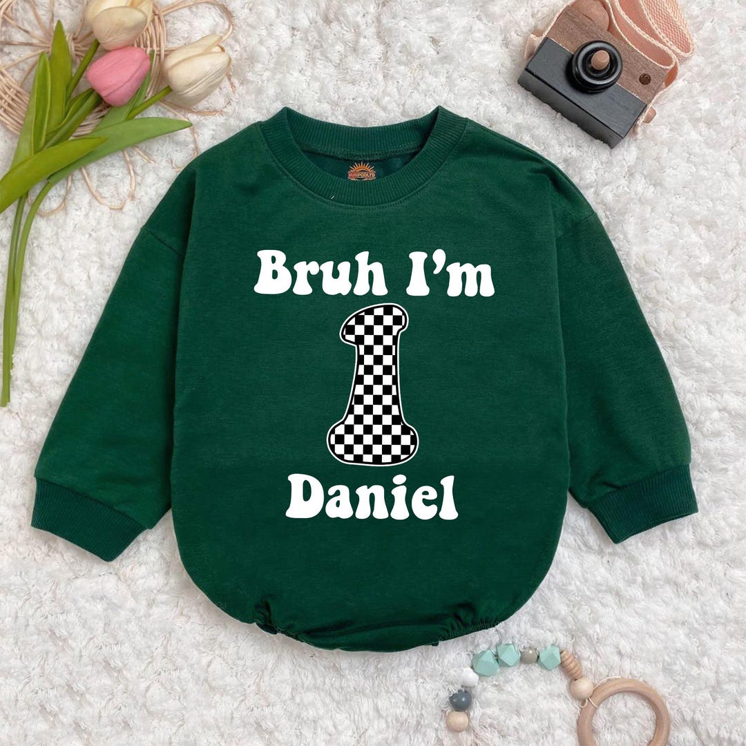 Custom Name Bruh Im One Baby Romper, Funny First Birthday Outfit ...