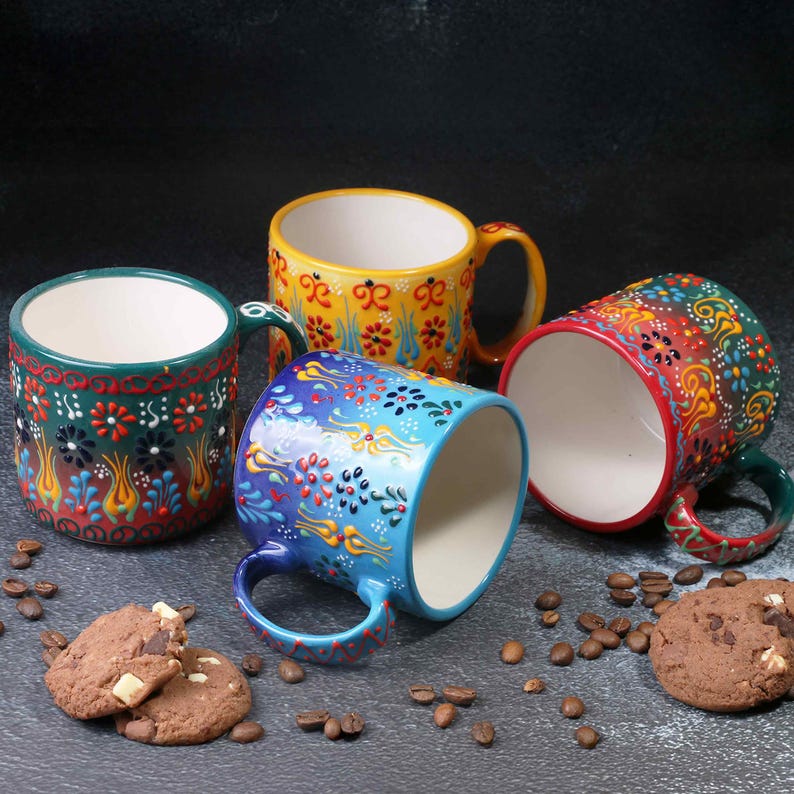 Handmade Ceramic Coffee Mug Set: Turkish Painted Mugs, 12 Oz Coffee ...