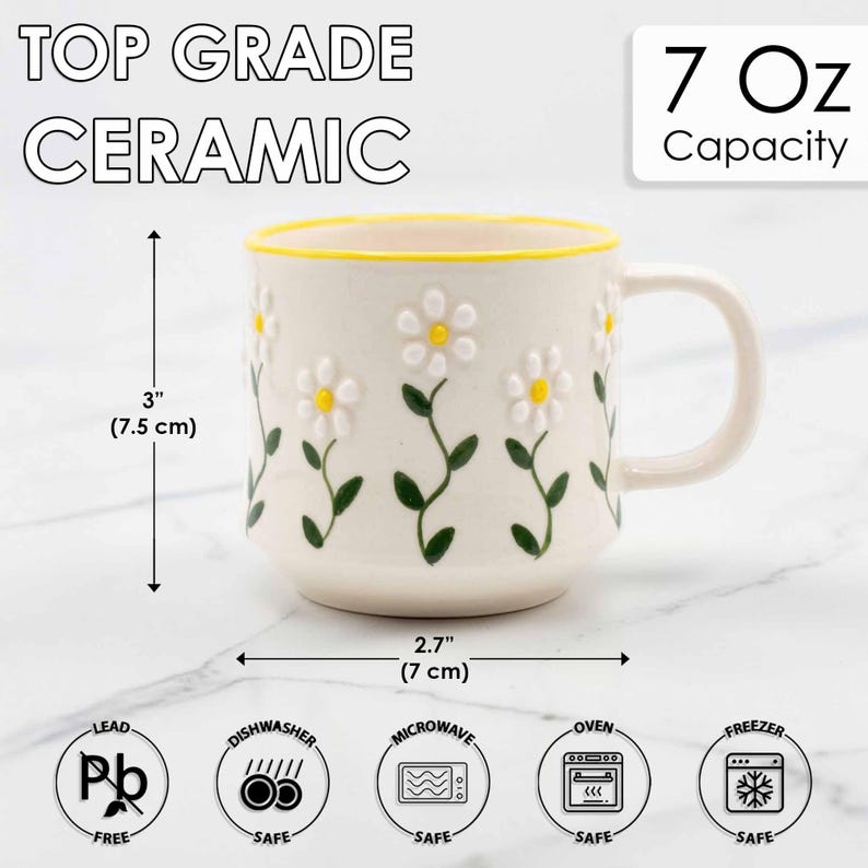 Handmade Daisy Ceramic Mug, Floral Coffee Cup, 7 Oz Stoneware Tea Cup ...