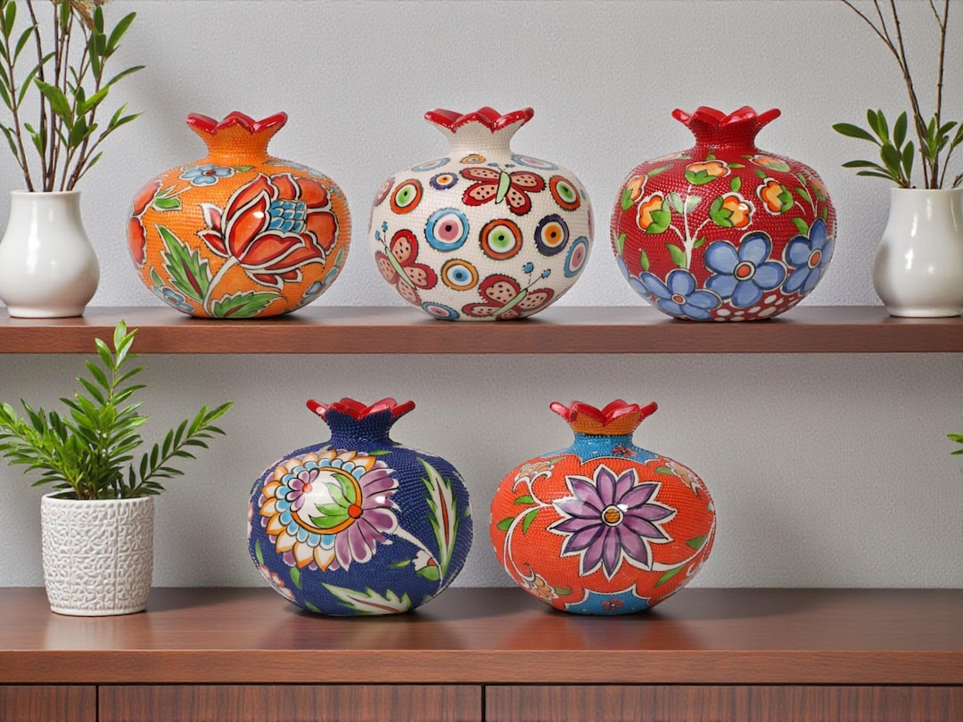 Hand Painted Ceramic Pomegranate Vase Collection, Colorful Floral Home ...