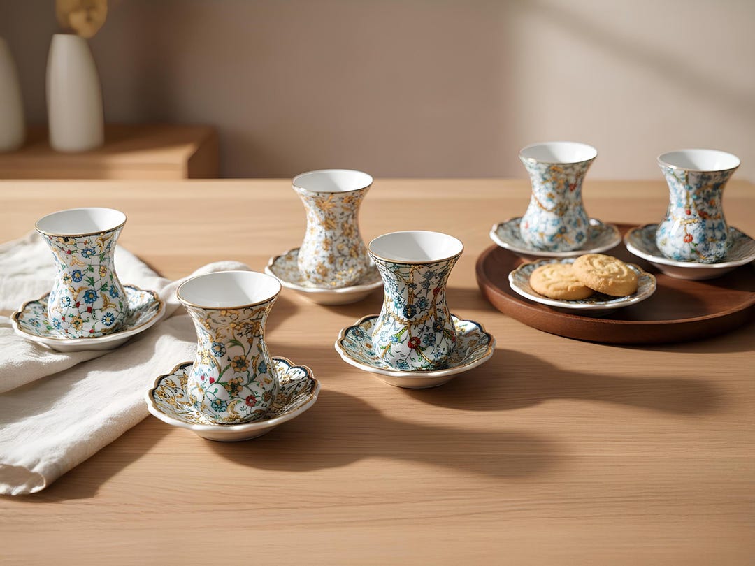 Ceramic Turkish Tea Cups With Saucers, Handmade Floral Tea Glass Set ...