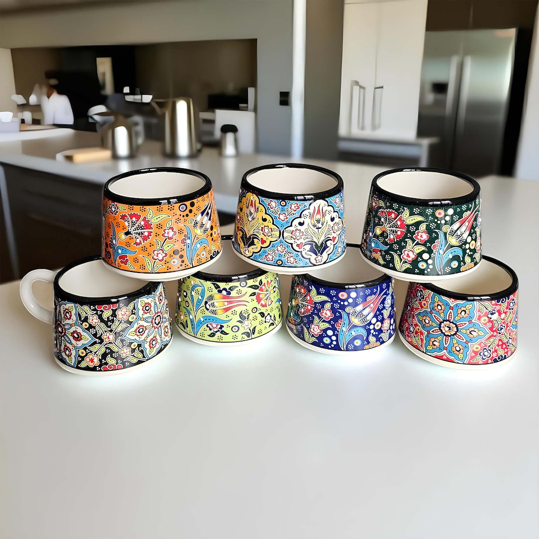 Turkish Ceramic Cappuccino Mugs, 7 Oz Tulip Flower Design Espresso Cups ...
