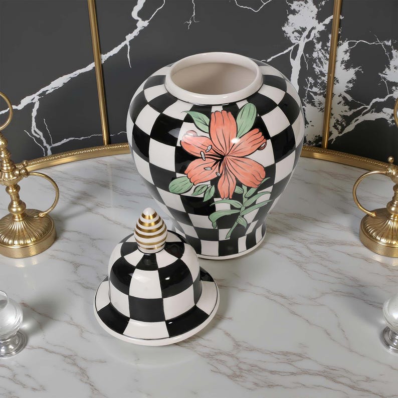 Floral Check Ceramic Ginger Jar With Lid, Black and White Checkered ...