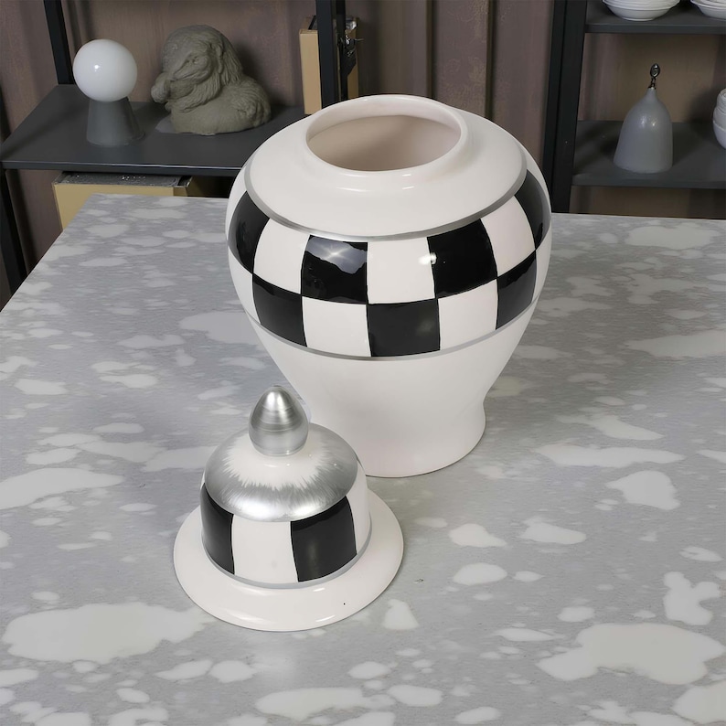 Silver Check Ceramic Ginger Jar With Lid, Black and White Checkered ...
