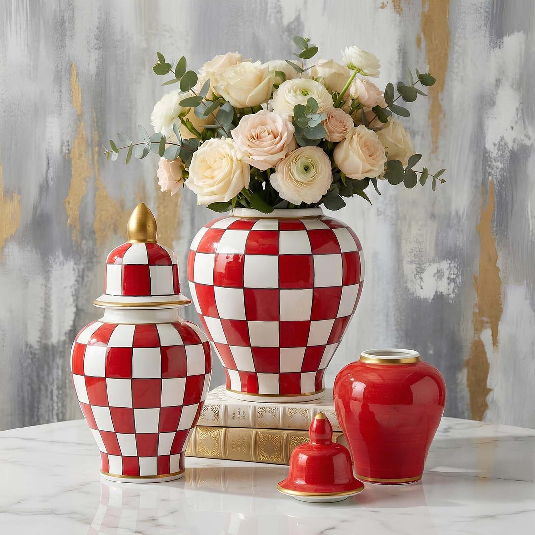 Crimson Check Ceramic Ginger Jar With Lid, Red and White Checkered ...