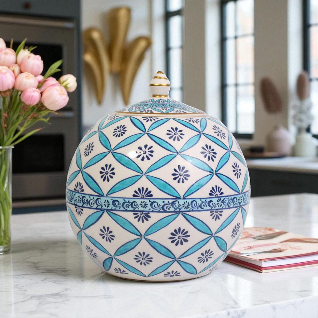 Handmade Turkish Ceramic Jar With Lid: Geometric Floral Design Jar - Etsy