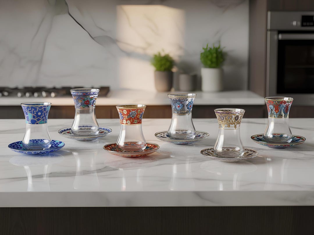 Turkish Tea Glass, Premium Tea Glass Set With Saucers, Handmade Ottoman ...
