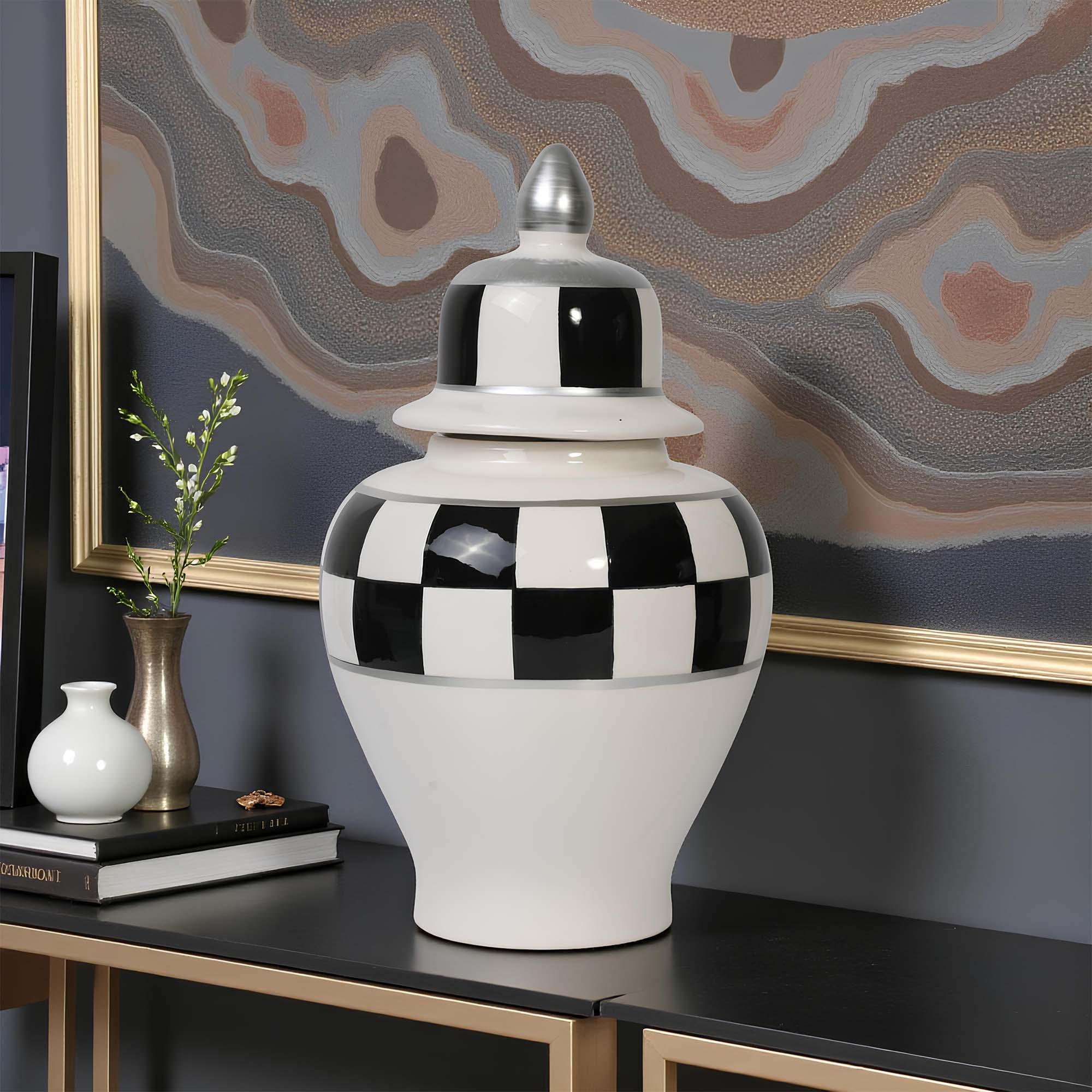 Silver Check Ceramic Ginger Jar With Lid, Black and White Checkered ...
