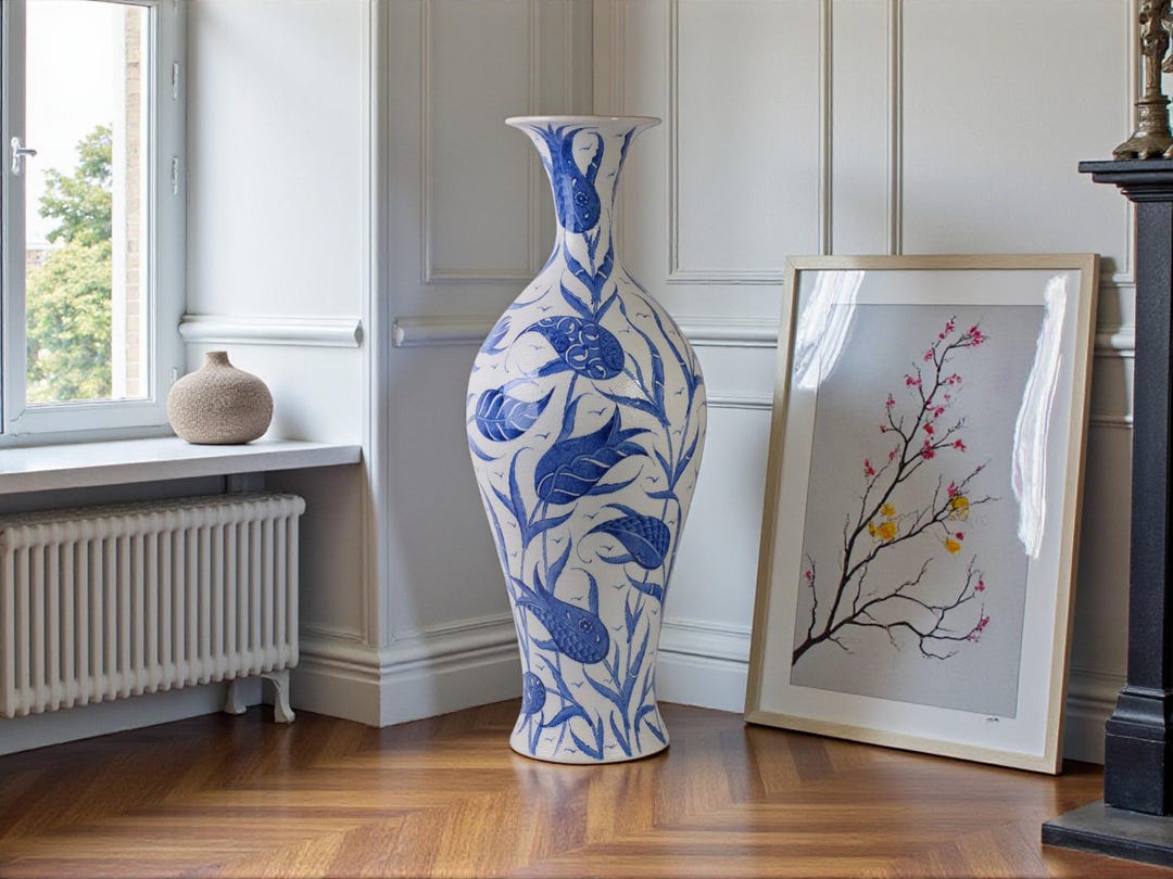 Turkish Iznik Blue Floral Ceramic Vase Decor, Handmade Ceramic Art ...