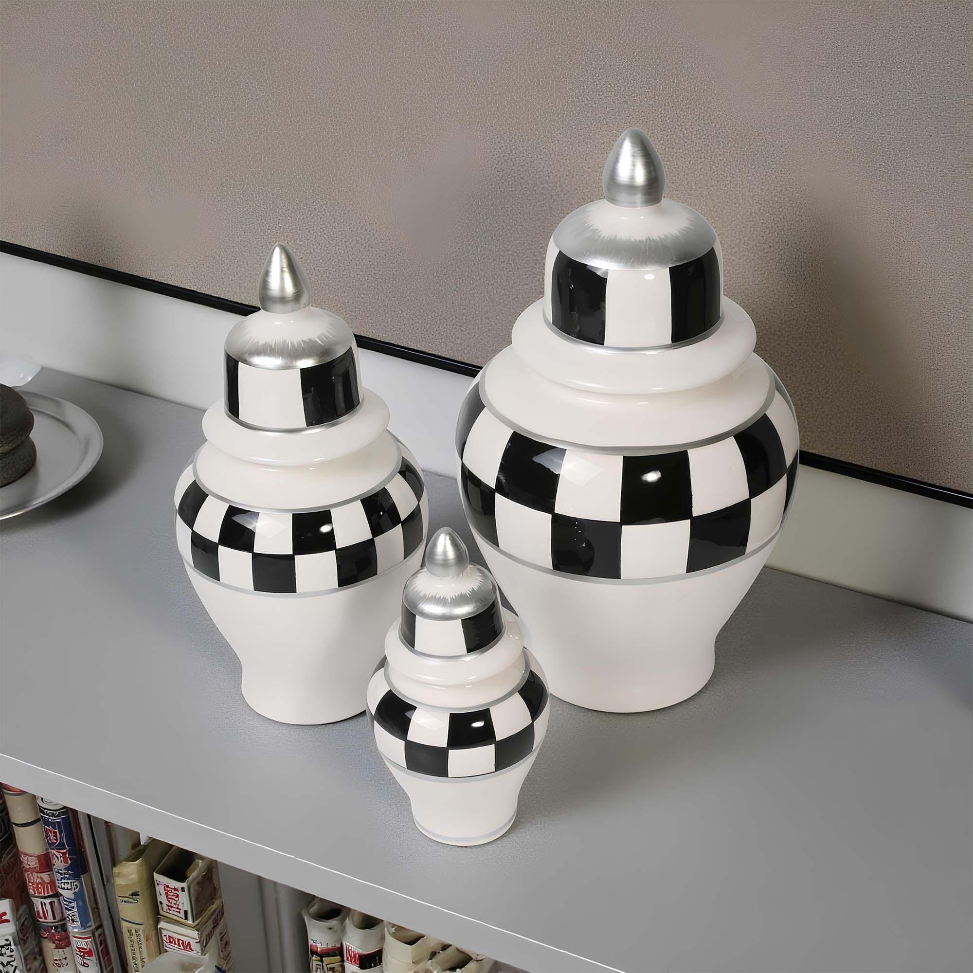 Silver Check Ceramic Ginger Jar With Lid, Black and White Checkered ...