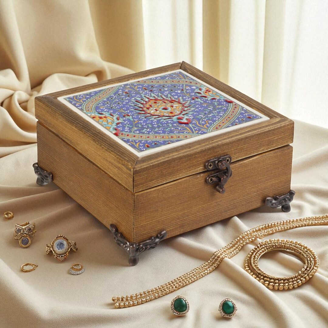 Bohemian Ceramic Jewelry Box, Blue Mihrab Ceramic Tile Box, Handmade ...