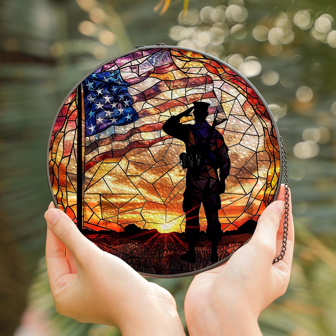 Military Salute Stained Glass Suncatcher - 4th of July Patriotic Window ...