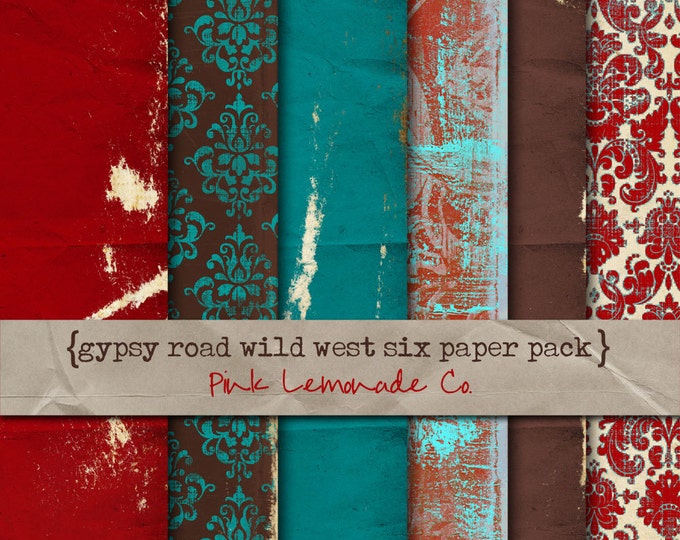 Digital Scrapbook Paper Gypsy Road Wild West Six Pack Red Turquoise ...