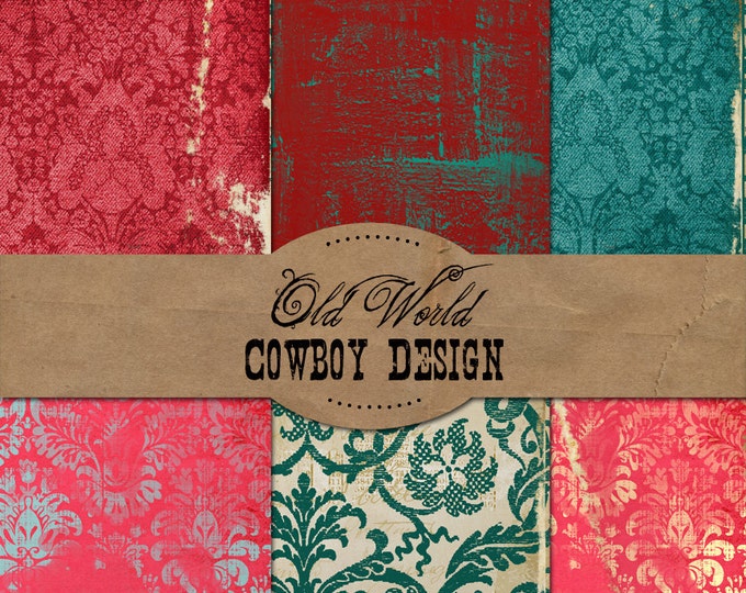 Old World Cowboy Design Digital Papers Six Textured Paper Pack Damask ...