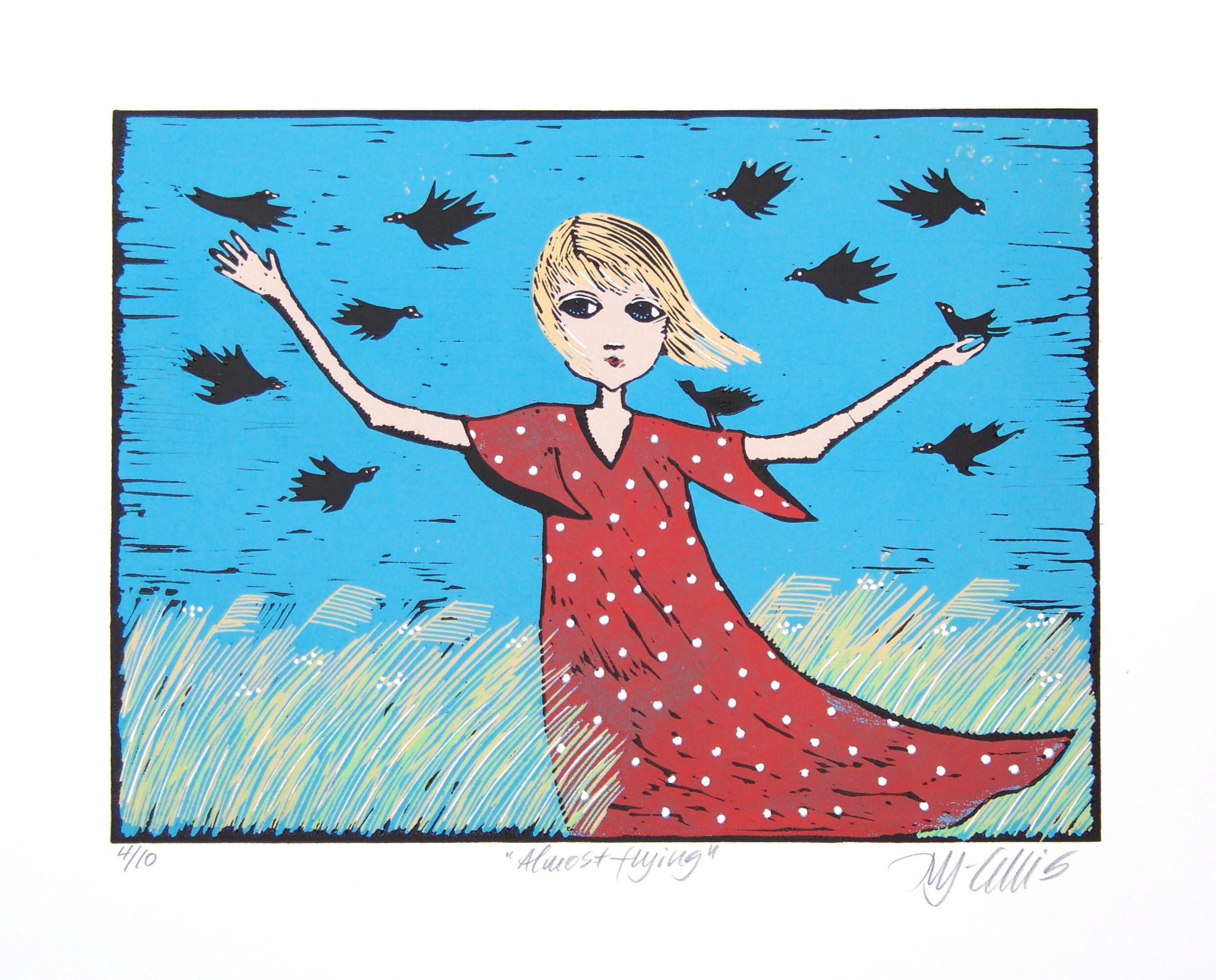 Linocut Print Almost Flying Girl Birds Inspirational Art | Etsy
