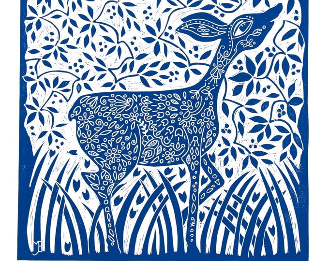 Linocut Doe Deer Blue Printmaking Home Interior Deer - Etsy