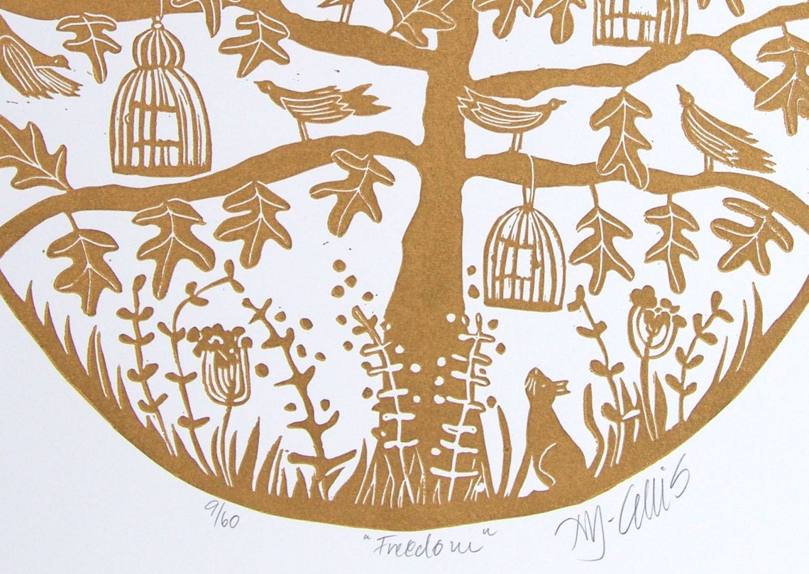 Freedom Round Linocut on Paper Gold and White Birds - Etsy