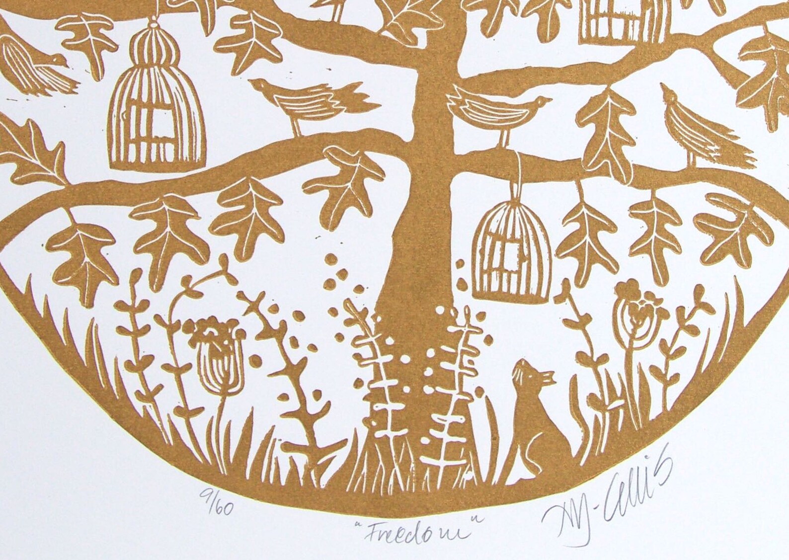 Freedom Round Linocut on Paper Gold and White Birds - Etsy