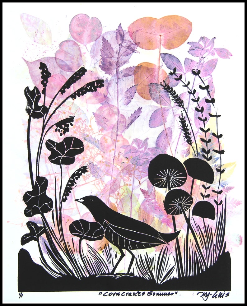 Linocut Corncrakes Summer Bird Flowers Nature Meadow - Etsy